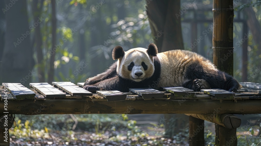 A panda lounging peacefully under a solar panel canopy, representing ...