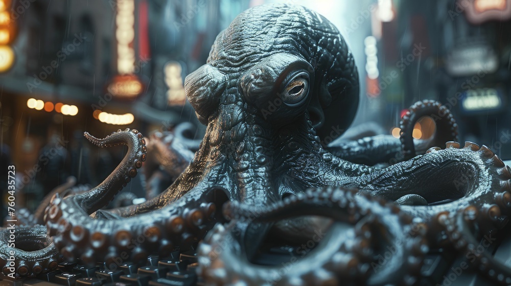 An octopus blending into a digital code environment, its tentacles ...