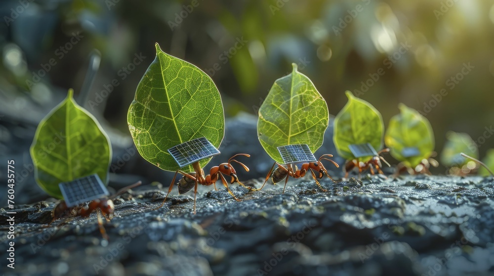 Ants carrying leaves with solar panels symbolize collective effort for ...