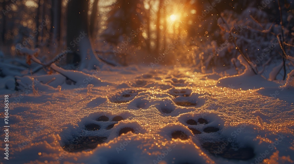 Wolf paw prints in the snow guide towards a bright beacon, embodying ...