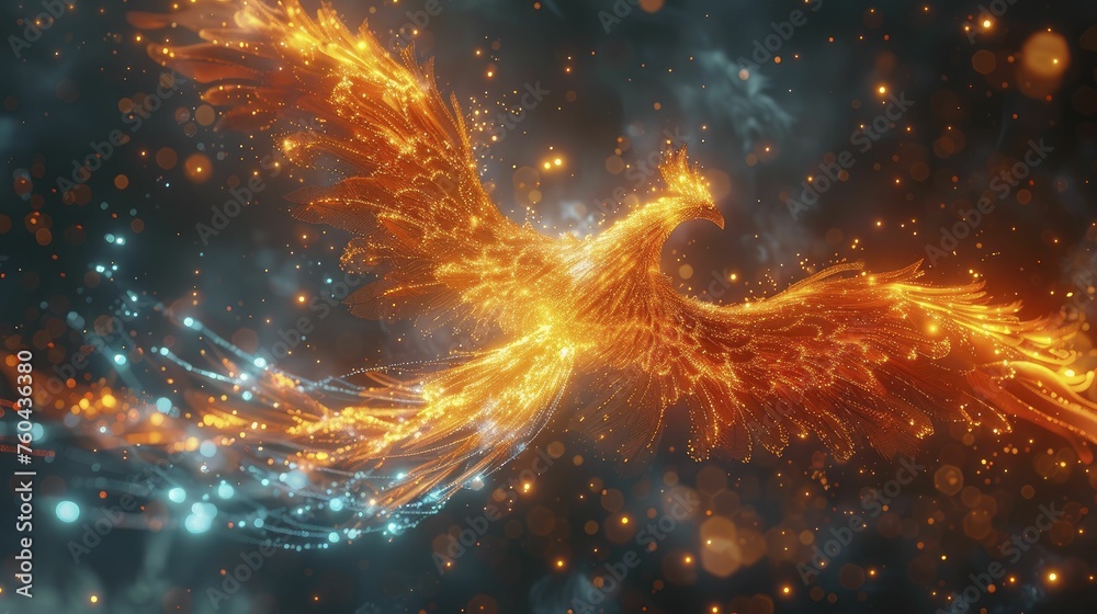 Phoenix with wings spread wide, flying out of a computer screen ...