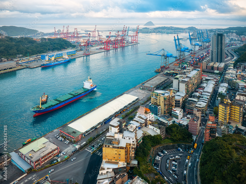 Aerial view of Keelung, Taiwan, and the Port of Keelung in the morning ...