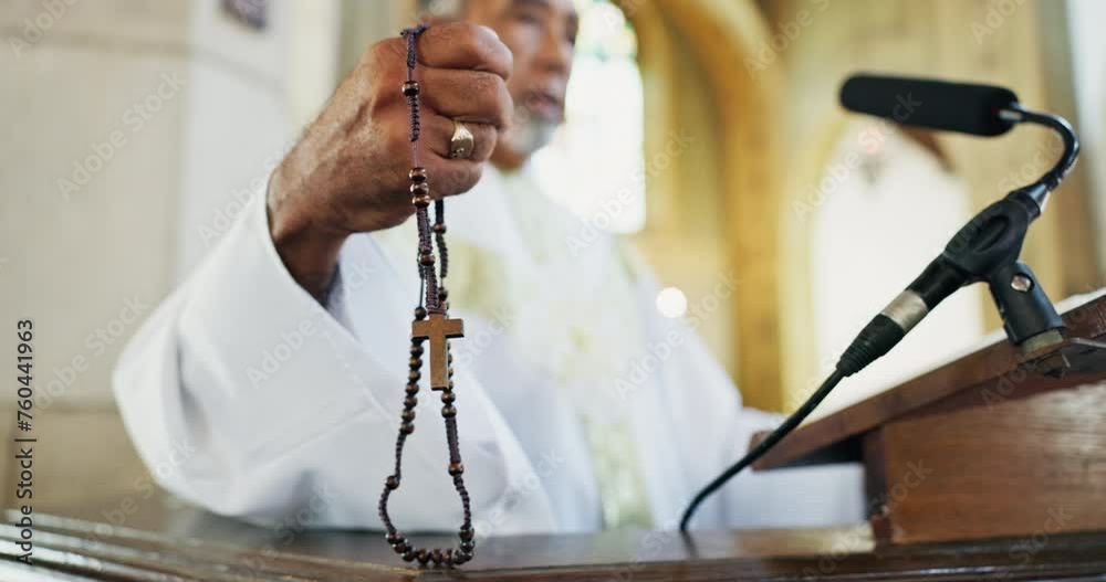 Man, priest and sermon with prayer beads for Christian religion for God ...