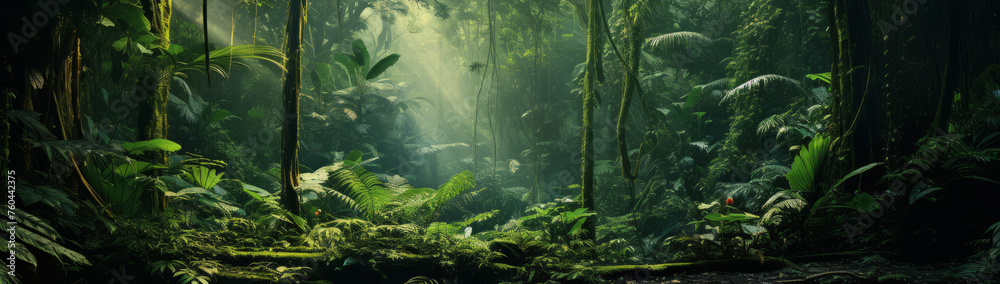 Sunlight filters through dense jungle, illuminating natural path ...