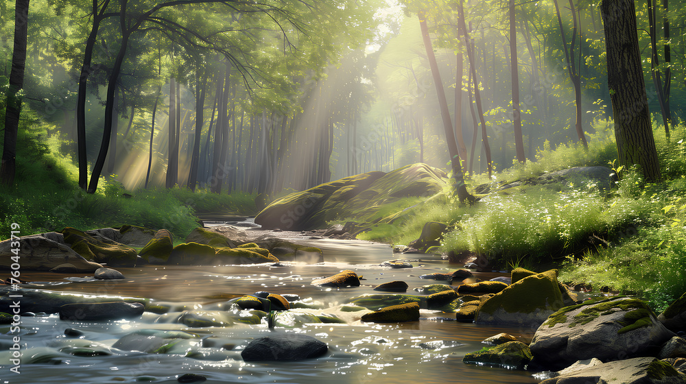 Landscape image with long, quiet trees. There is a forest and a ...