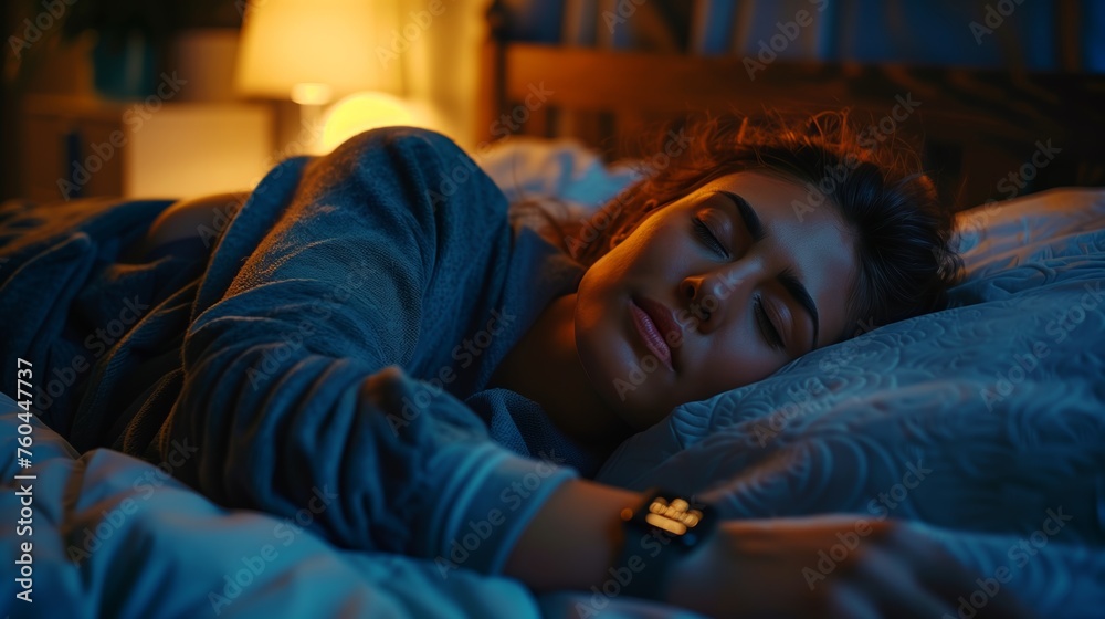 Person Sleeping Soundly In A Comfortable Bed With A Sleep Tracker On