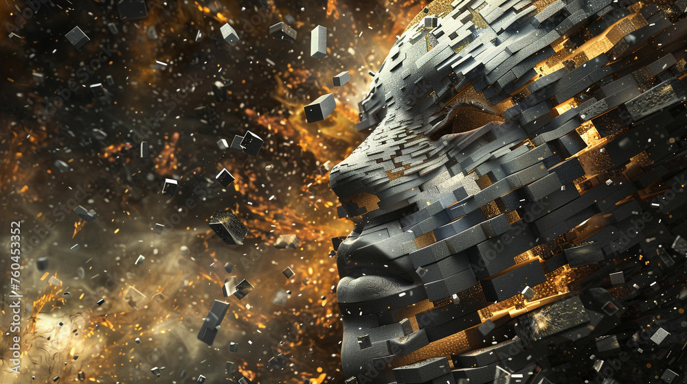 A surreal scene of a human face splitting into multiple geometric ...