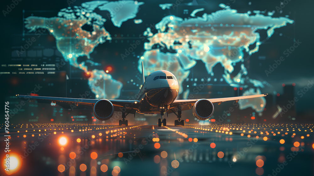 Airplane Ready for Takeoff with Global Map Background . A commercial ...