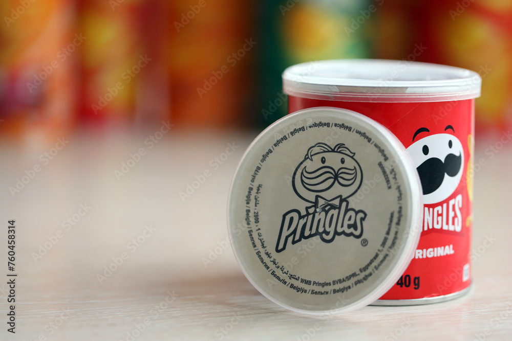 KYIV, UKRAINE - FEBRUARY 27, 2024 Pringles original potato chips on ...