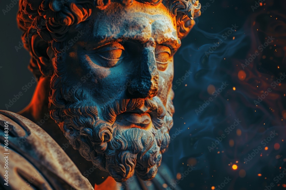 Classical stoic greek, roman statue with a colorful spark background. A ...