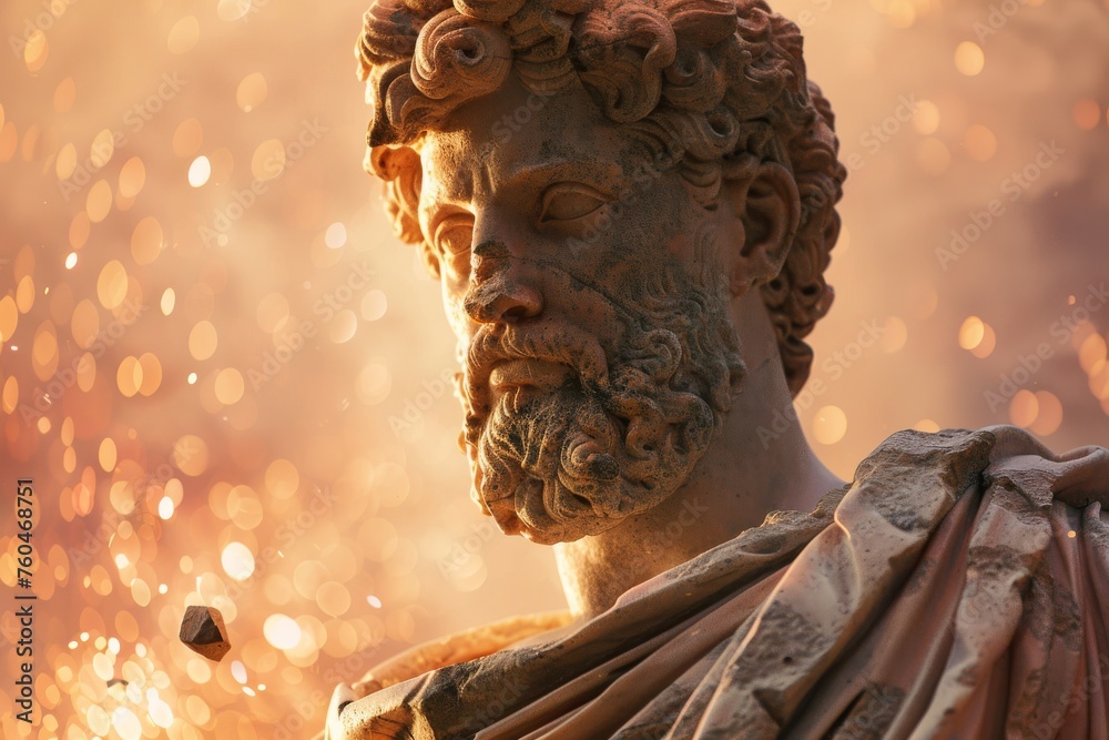 Classical stoic greek, roman statue with a colorful spark background. A ...
