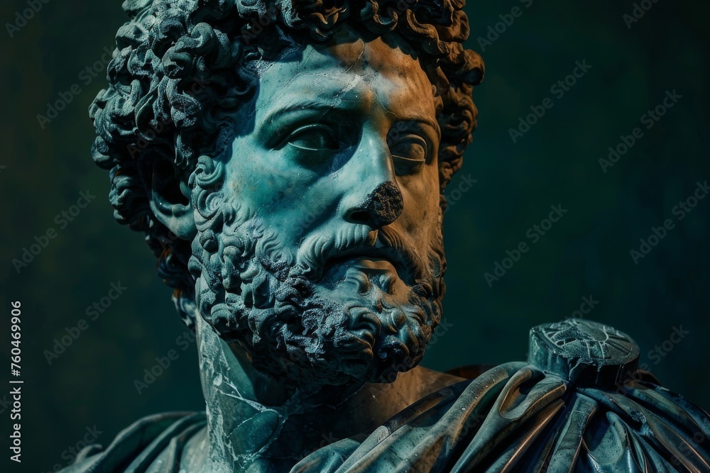 Classical stoic greek, roman statue with a colorful spark background. A ...