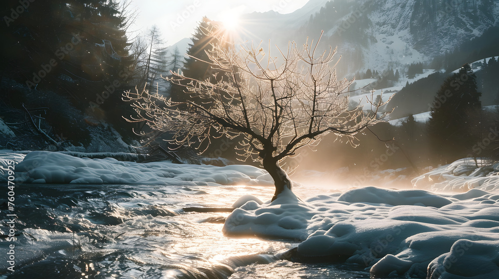 tree floating in a rushing mountain river, conveying the power and ...