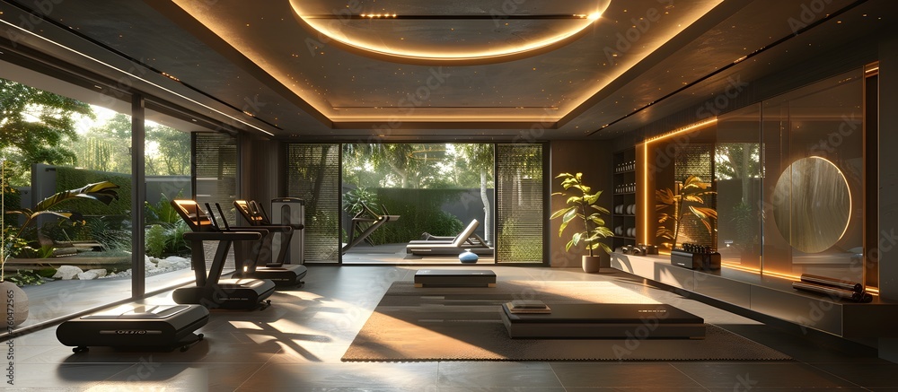 Modern Home Gym with Floor-to-Ceiling Windows and Luxurious Asian ...