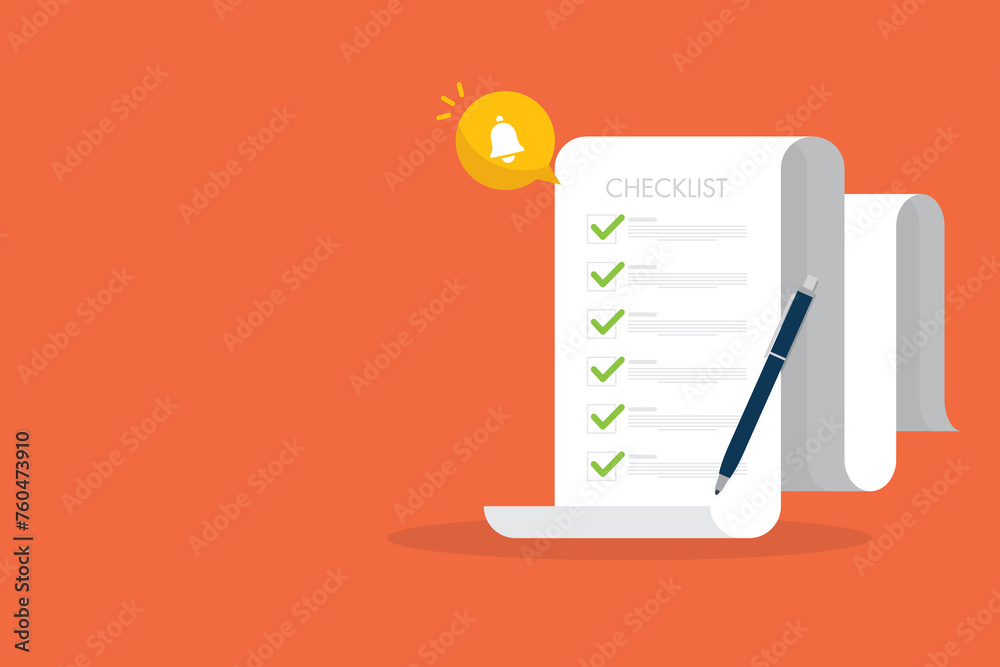 Checklist. Check list document, paper check list and to do list with green checkboxes, concept ...