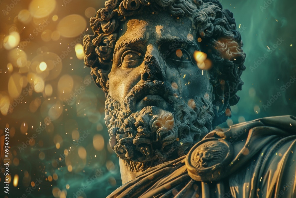 Classical stoic greek, roman statue with a colorful spark background. A ...