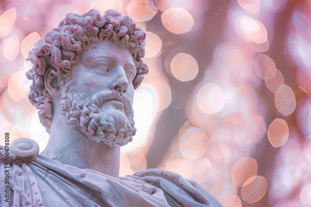Classical stoic greek, roman statue with a colorful spark background. A ...