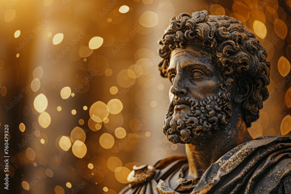 Classical stoic greek, roman statue with a colorful spark background. A ...