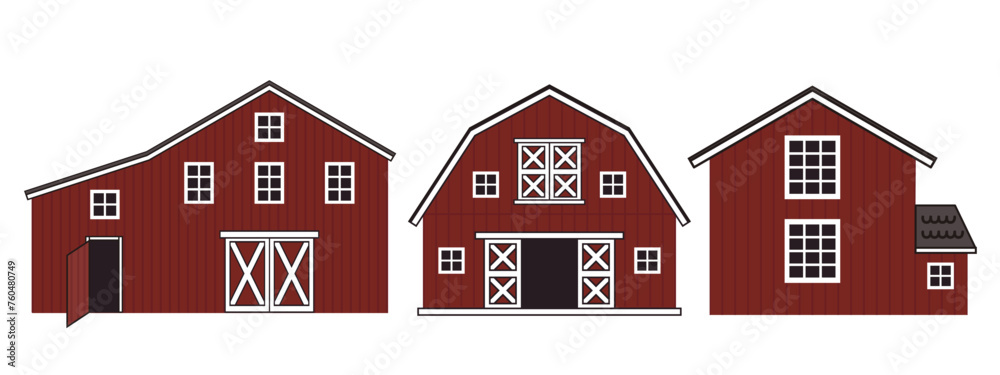 Set of red wooden barns with windows, doors. Isolated vector line flat ...