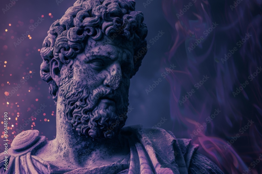 Classical stoic greek, roman statue with a colorful spark background. A ...