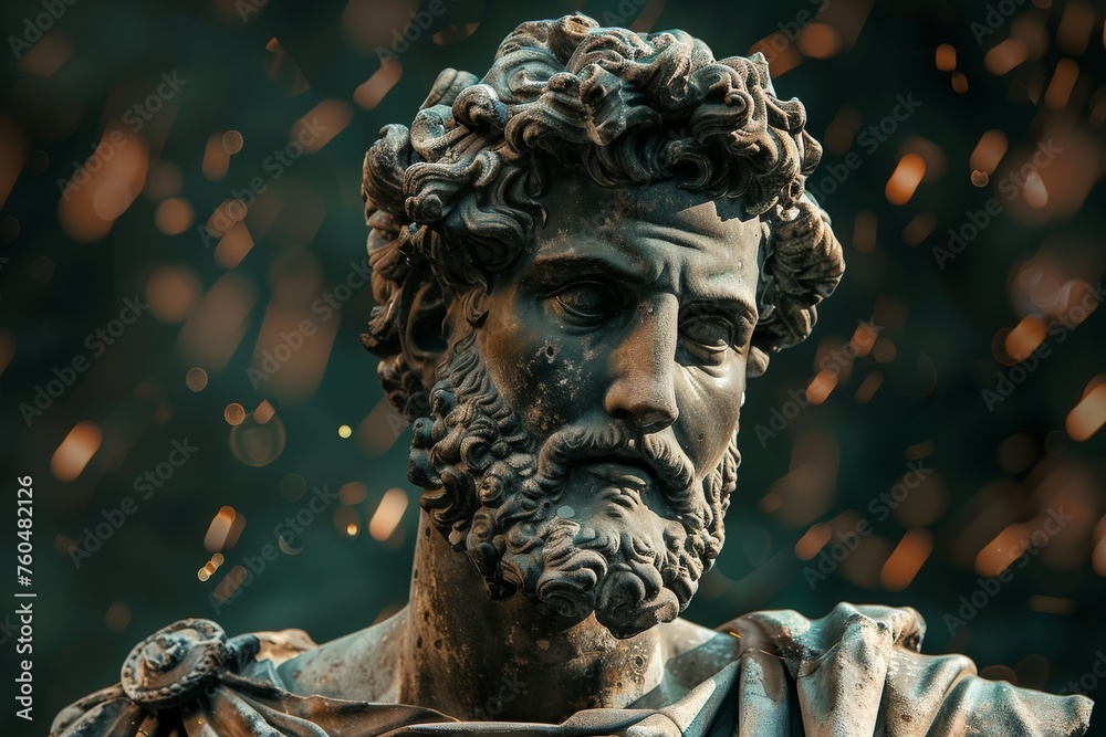 Classical stoic greek, roman statue with a colorful spark background. A ...