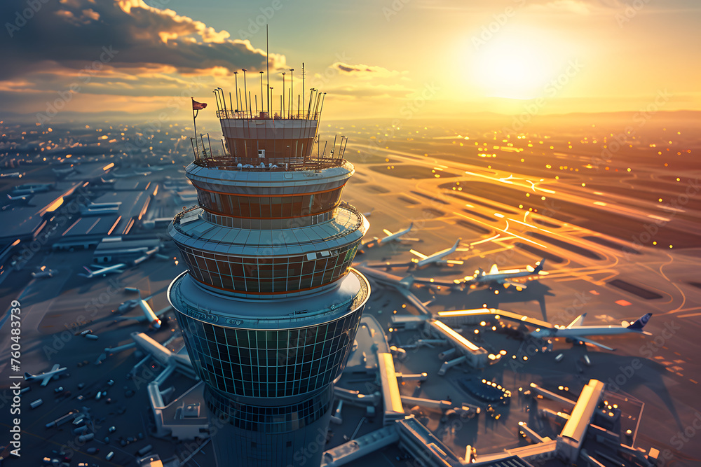 aerial dramatic photo of modern airport control tower, showing terminal ...