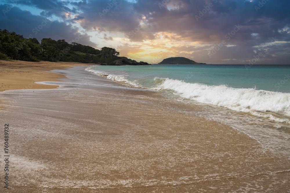 Deserted wide sandy beach with turquoise blue sea. Tropical plants of a ...