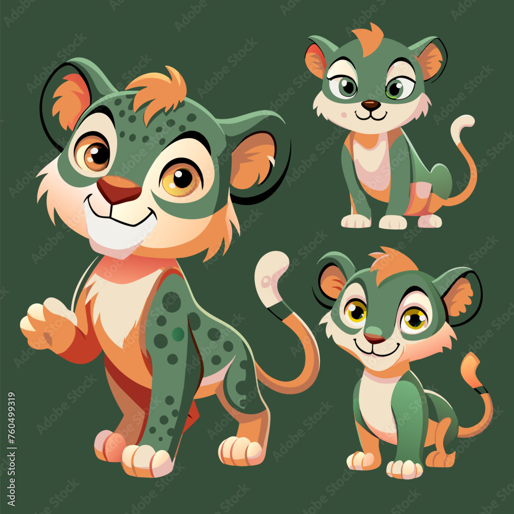 Cute cartoon panther characters with different poses. Set of panthers ...