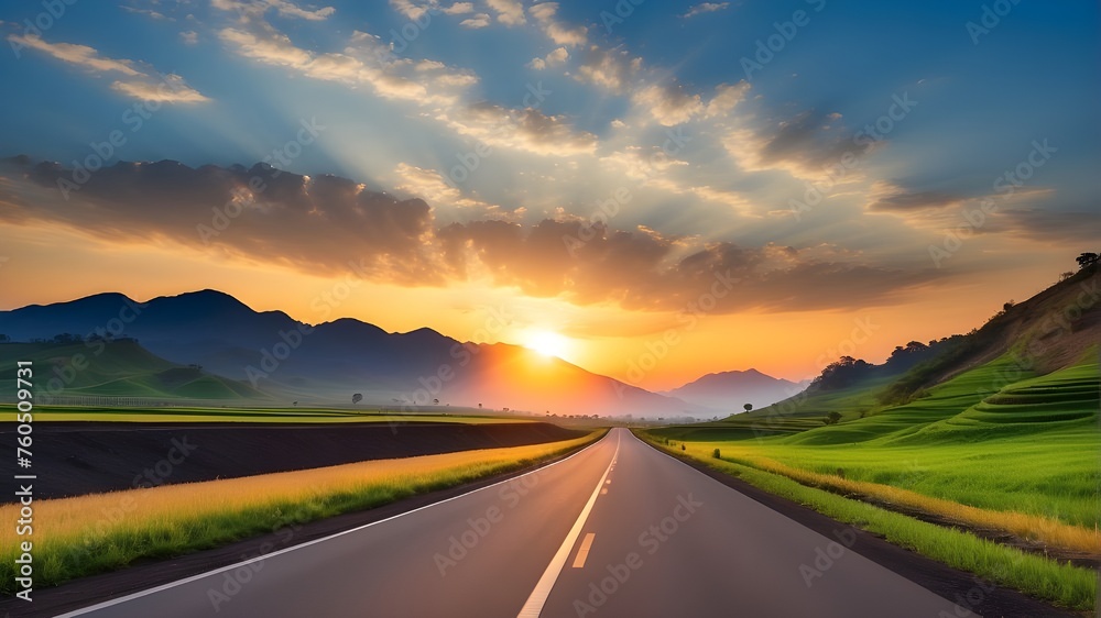 Gorgeous sun rising over rural scenery and paved highways, gorgeous ...