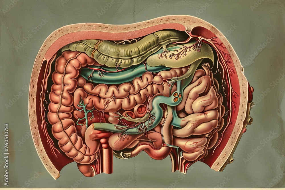 Illustration showing the process of human digestion, including the ...