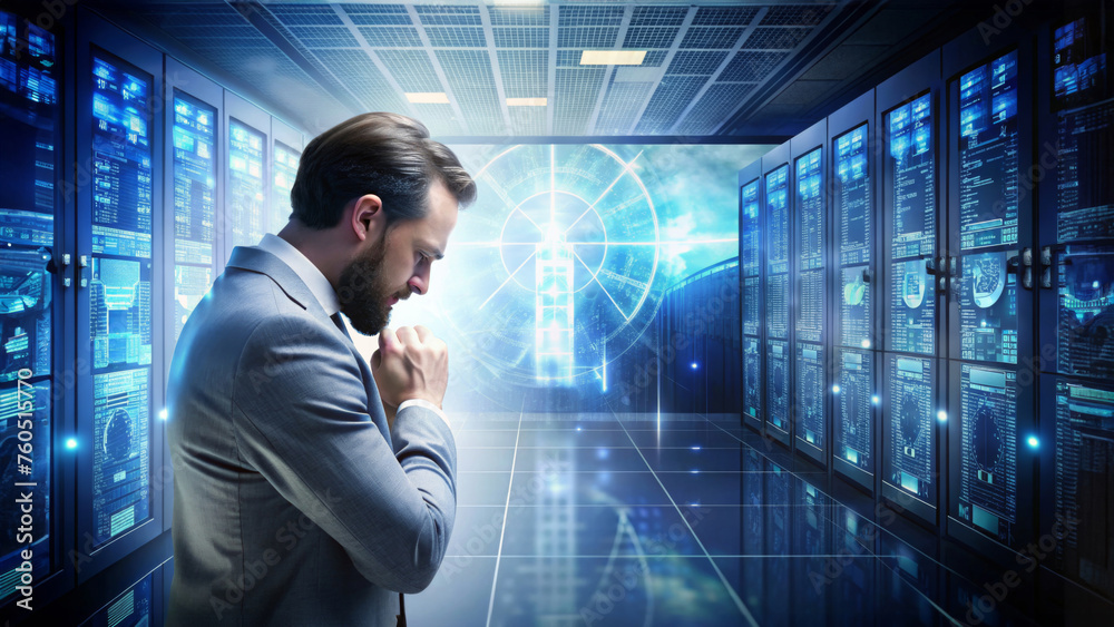Engineer prayed in data server room - A thoughtful businessman in a ...