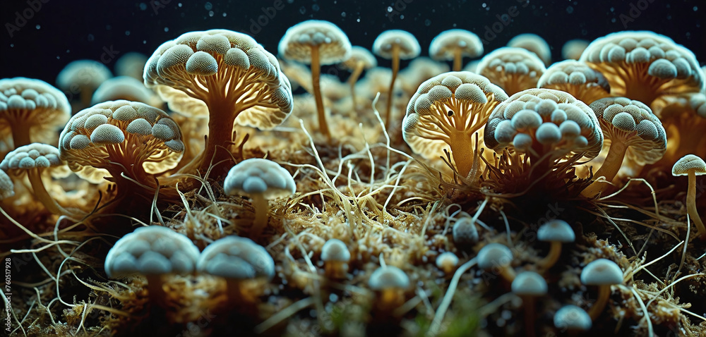 Microscopic magnification of growing molds or mold fungus and spores ...