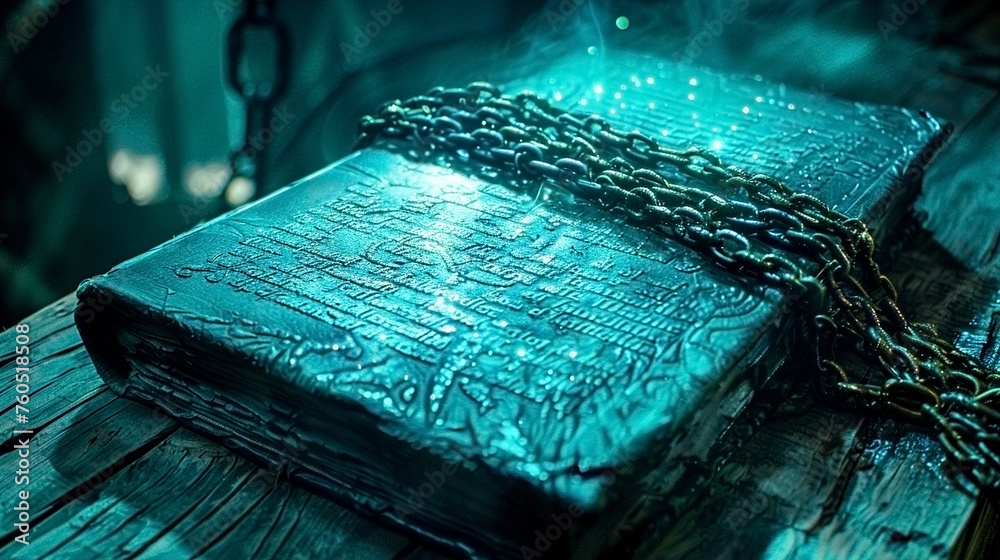An ancient tome bound in chains glowing runes flickering as shadows ...