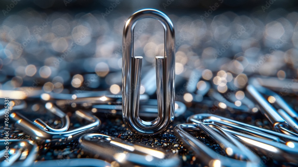 Giant Paper Clip standing up, metal color, blurred background, paper ...