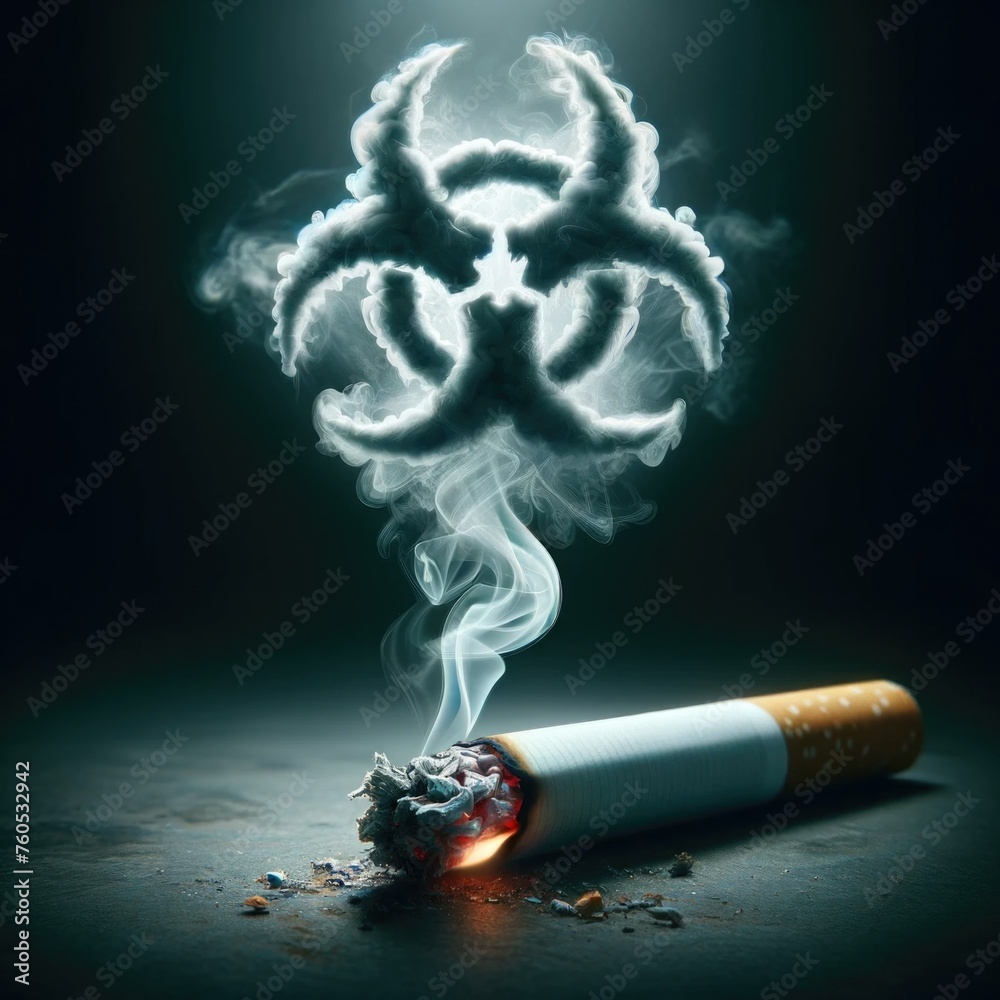 A close-up of a burning cigarette with smoke rising and forming into a ...