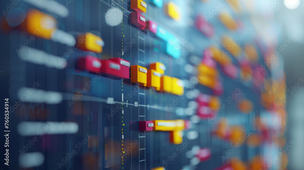 A close-up view of a project management board with colored sticky notes ...