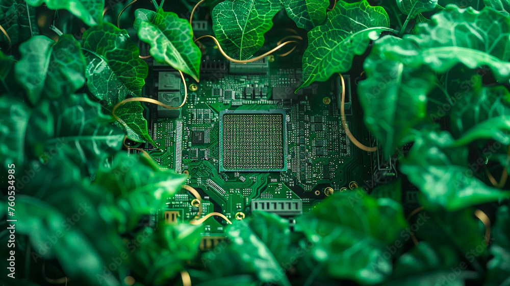 Inside a computer case a miniature forest of green chipsets and copper ...