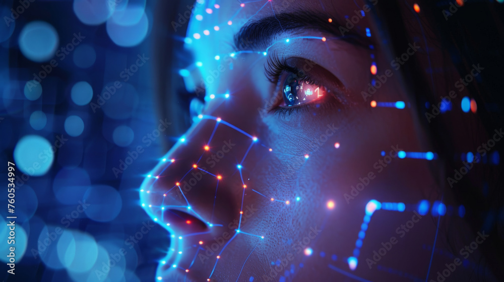 Close-up of a woman's face with a digital overlay of blue neon lines ...