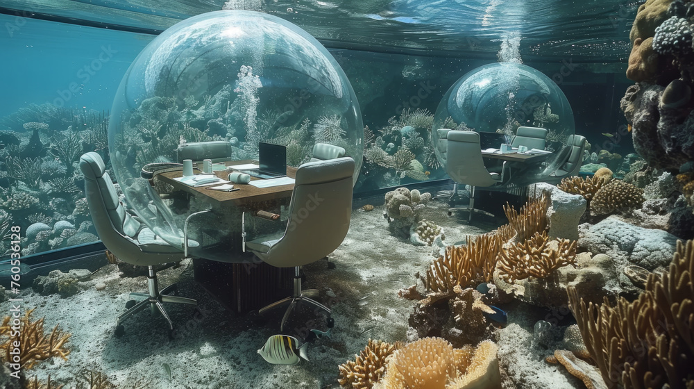 Underwater office set up with clear domes on the ocean floor ...