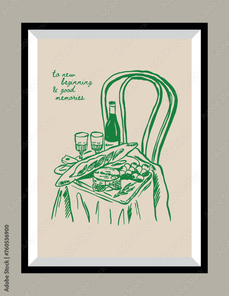 Minimalist hand drawn food and beverages vector print poster in a frame ...
