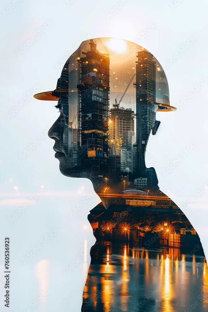 Construction worker overlay with cityscape. A conceptual image blending ...