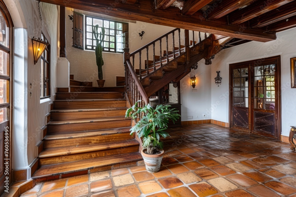 The spacious entrance hall of an old Spanish house with a wood ...