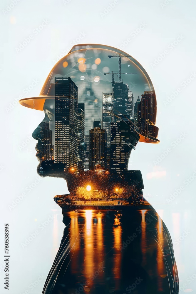 Construction worker overlay with cityscape. A conceptual image blending ...