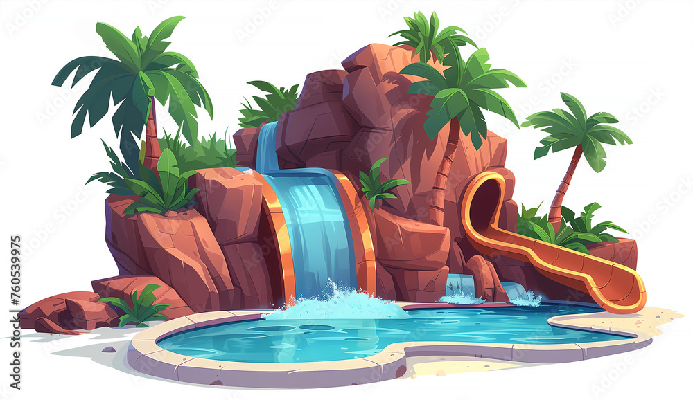 Pool with slide cartoon illustration. Tropical pool illustration ...