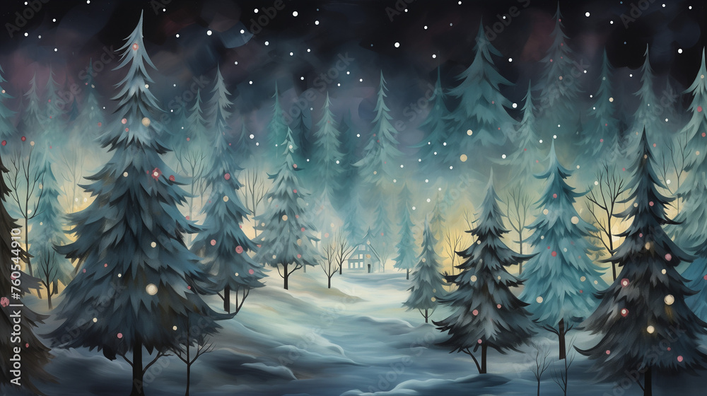 Illustration of a Winter Enchanted Forest with Pine Trees and Twinkling ...