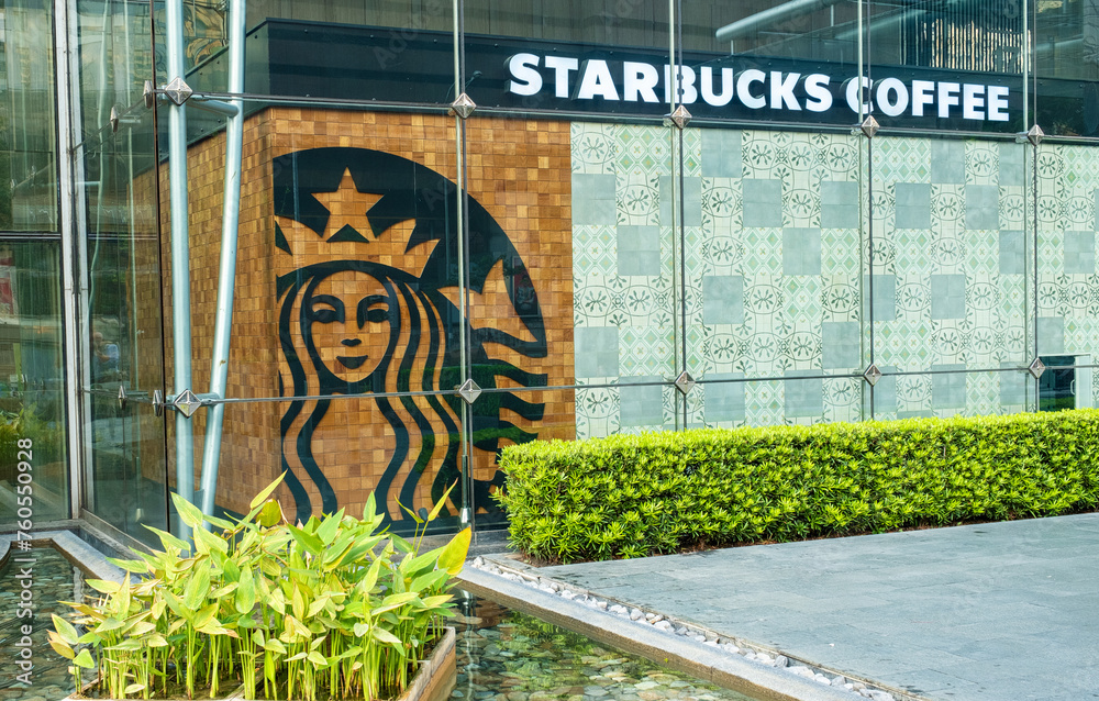 Bangkok Thailand January 21, 2024: Sign and logo of Starbucks street ...