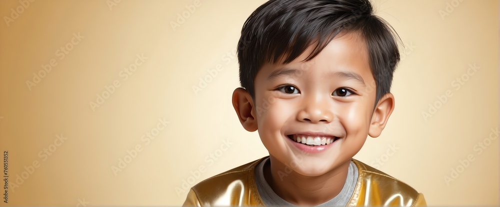 Plain bright gold background Portrait of asian smiling happy cute kid ...