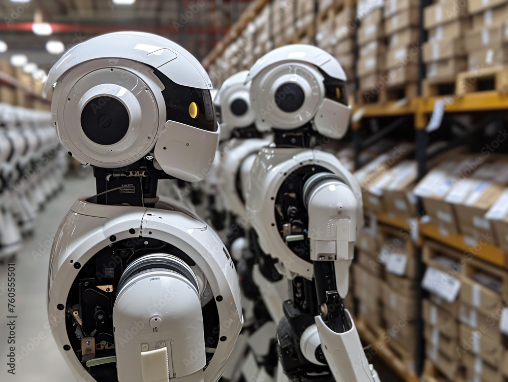 Humanoid robots in warehouse. Modern automation and artificial ...