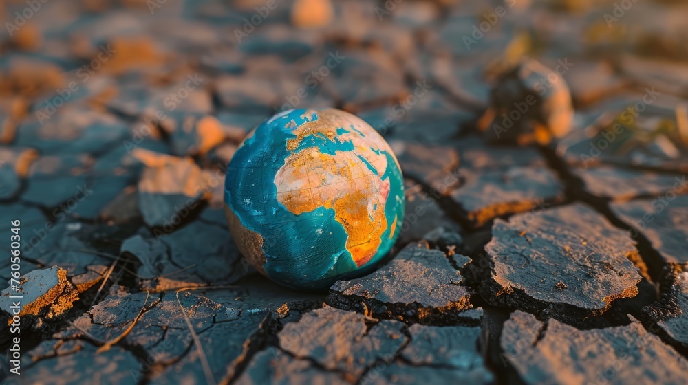 Globe on a background in drought due to global warming. Climate change ...