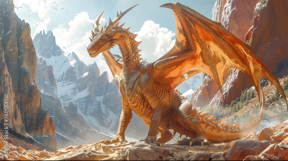 Brown dragon with a fierce look. The dragon is in a mountainous ravine ...